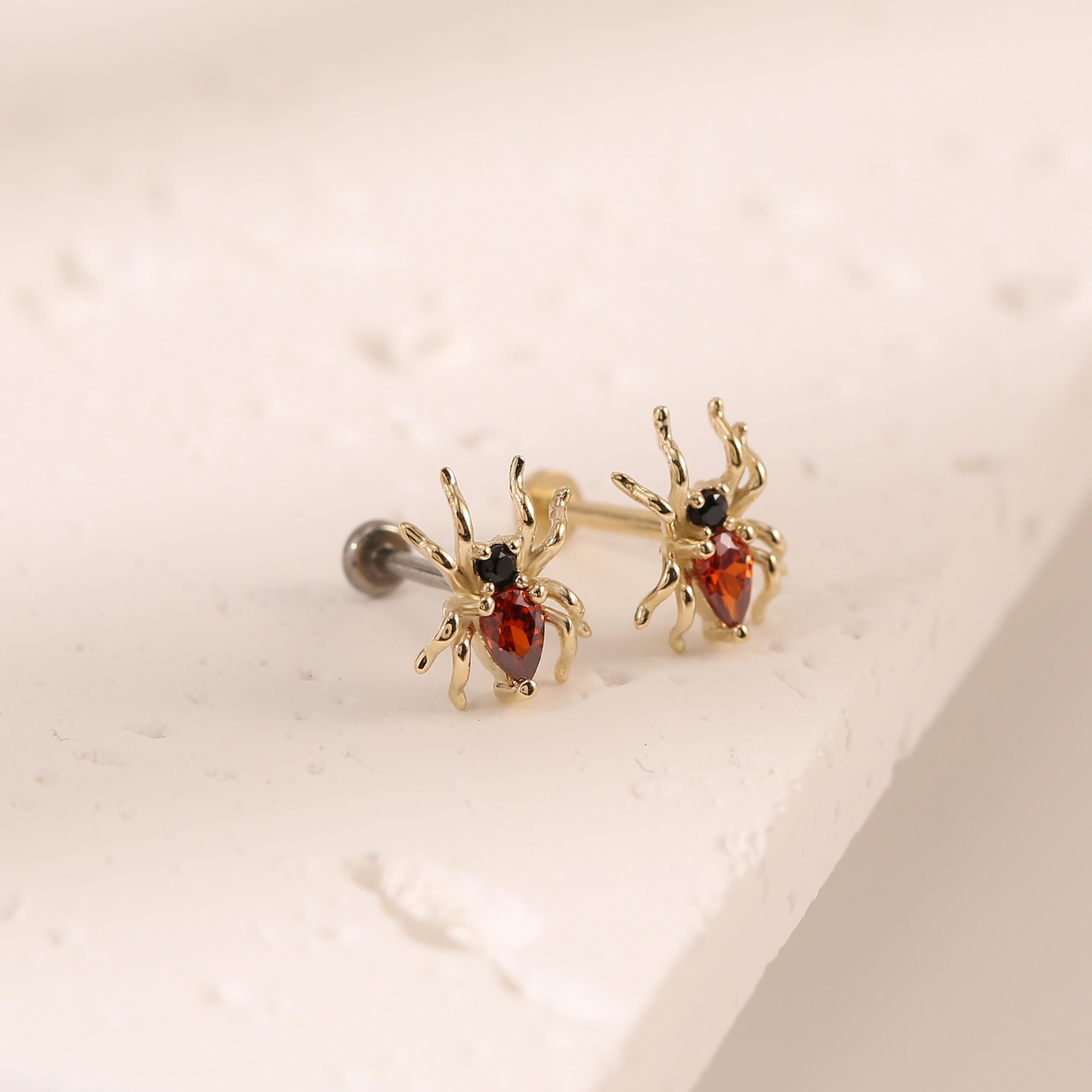 14K Solid Gold Red Spider Stud Gold Animal Earring Cartilage Earring ...