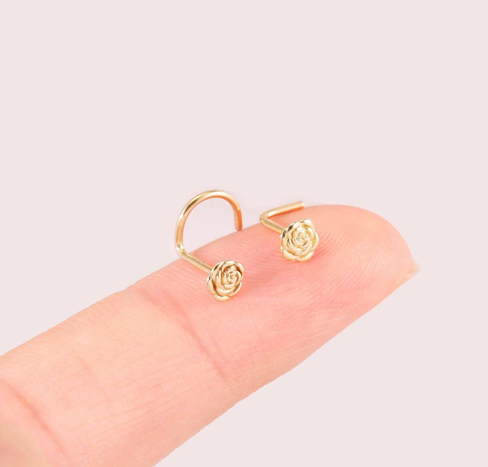 14k Solid Gold Rose Nose Stud, Tiny L Shape Flower Nose Ring, Dainty ...