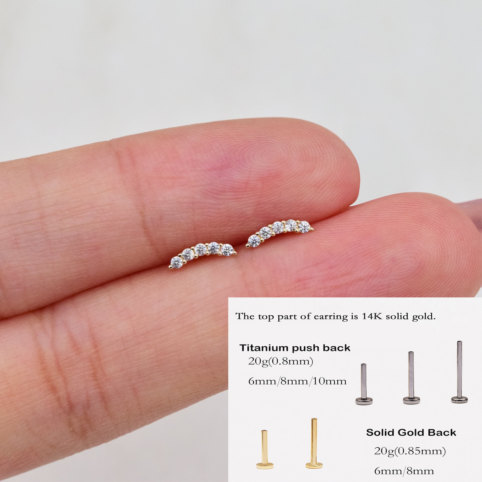 14k Solid Gold Tiny Climber Stud Earring Threadless Earring Conch ...