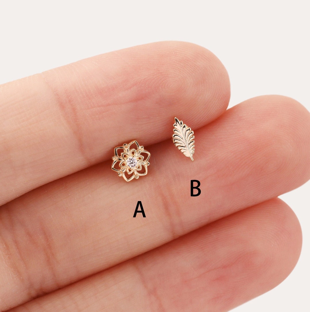 14k Solid Gold Mandala Cartilage Stud Sparkled Flower Helix Earring Conch Tragus Earring Vintage ...