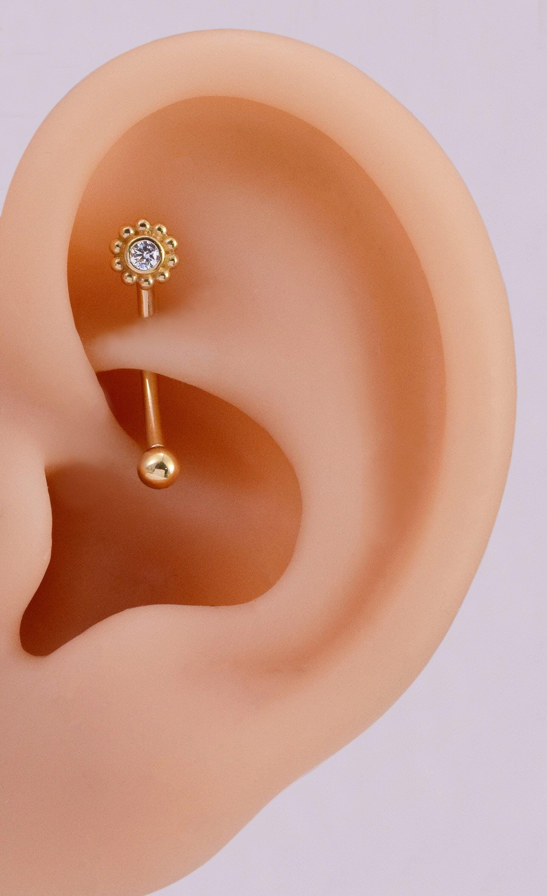 14k Solid Gold Sunflower Rook Piercing Gold Curved Barbell Sun Eyebrow ...