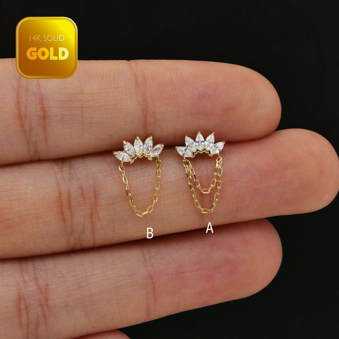 14k Solid Gold Cartilage Chain Stud Earring Marquise Crown Earring ...