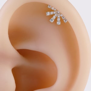 14k Solid Gold Sun Cartilage Stud Earring, Minimalist Fan Earring, Gold Helix Stud, Conch ...