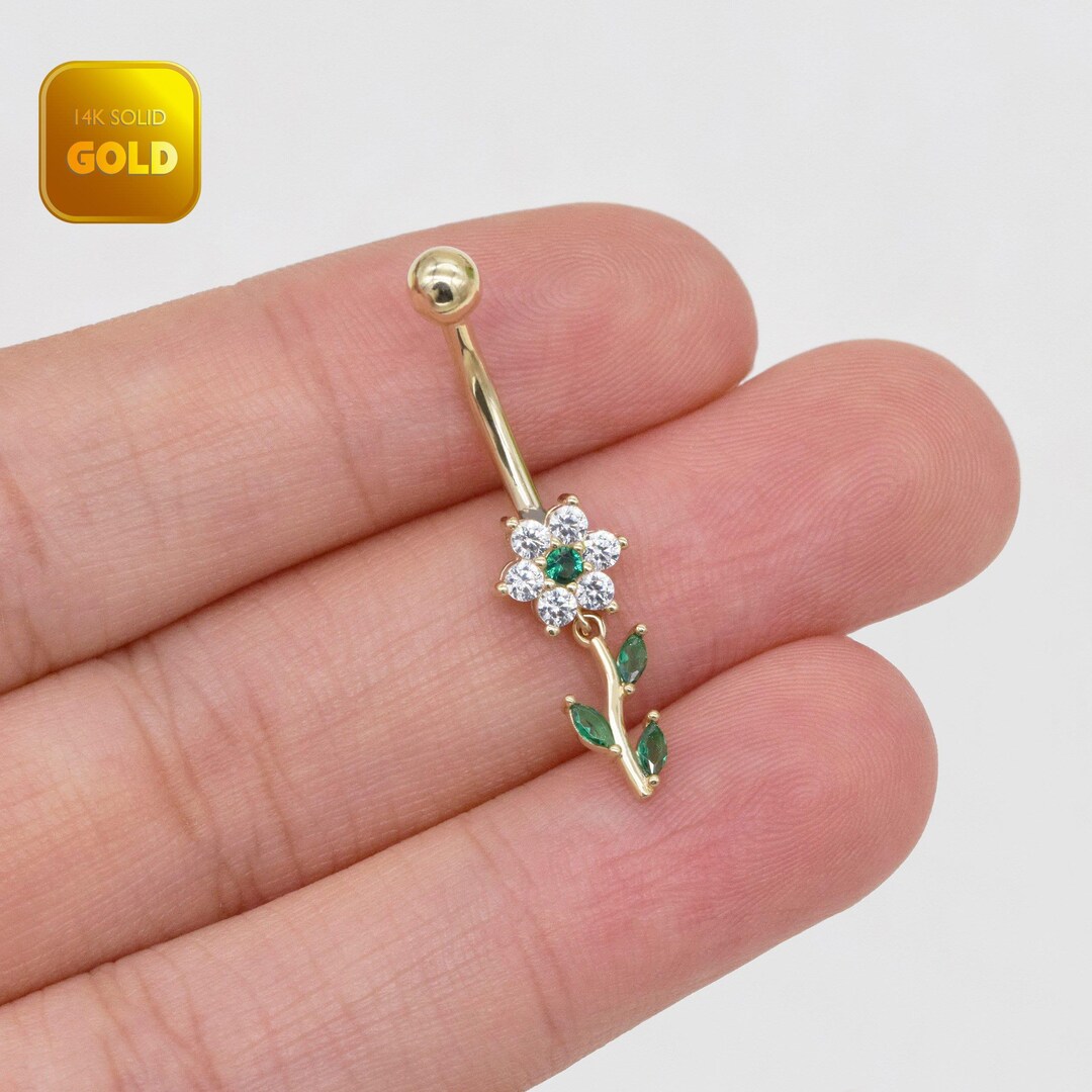 14k Solid Gold Flower Belly Ring Gold Navel Ring Dangly Flower Ring ...
