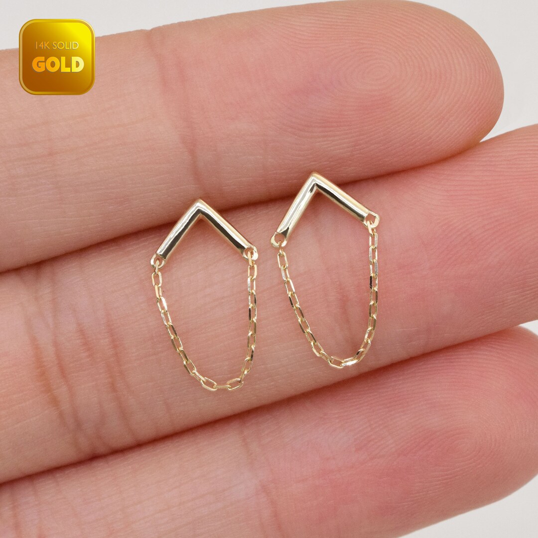 14k Solid Gold Arrow Top Dangling Chain Stud Earring Dainty Gold Helix Conch Studs Tragus ...
