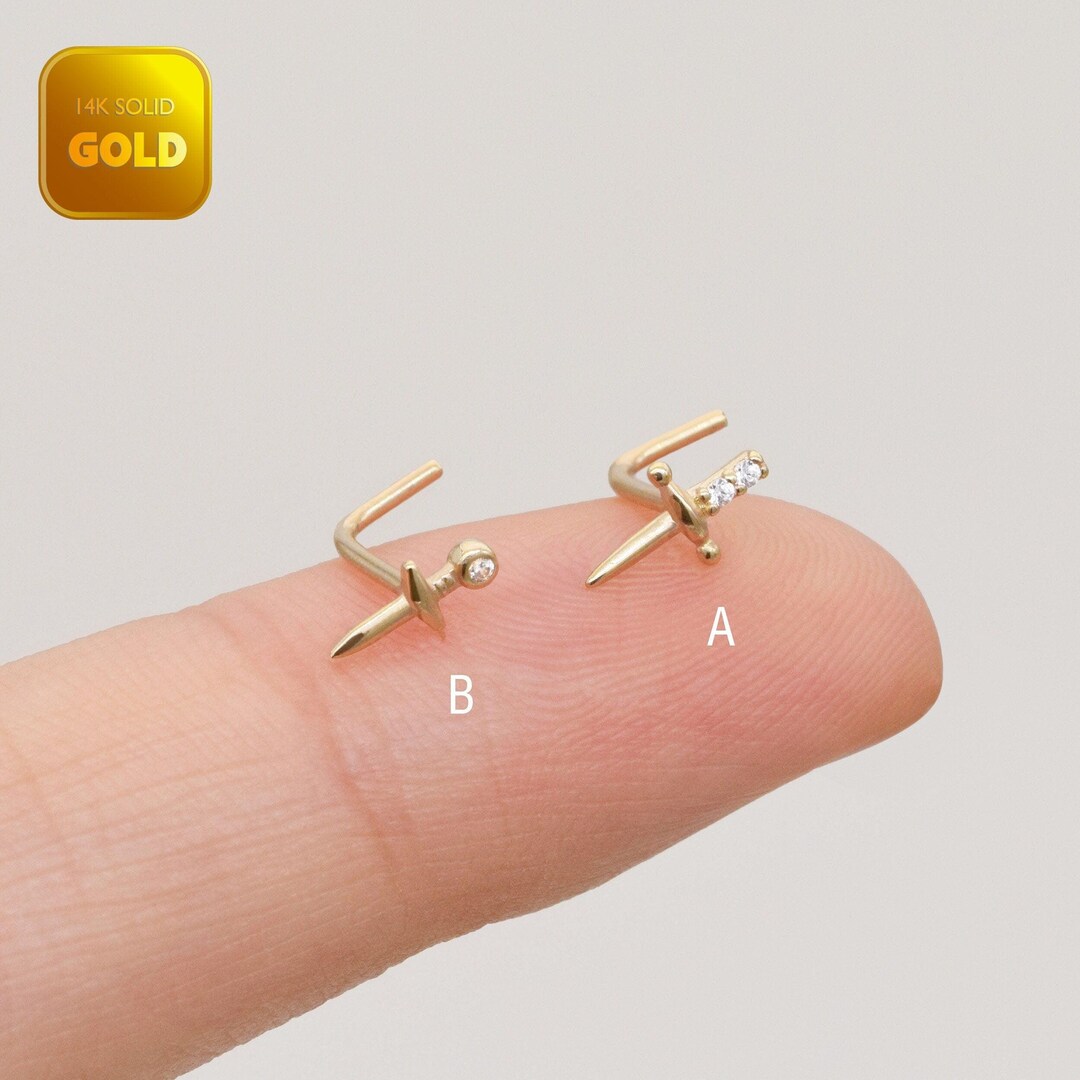 14k Solid Gold Sword Nose Stud Dagger Nose Ring Tiny Nose Stud L Shape ...