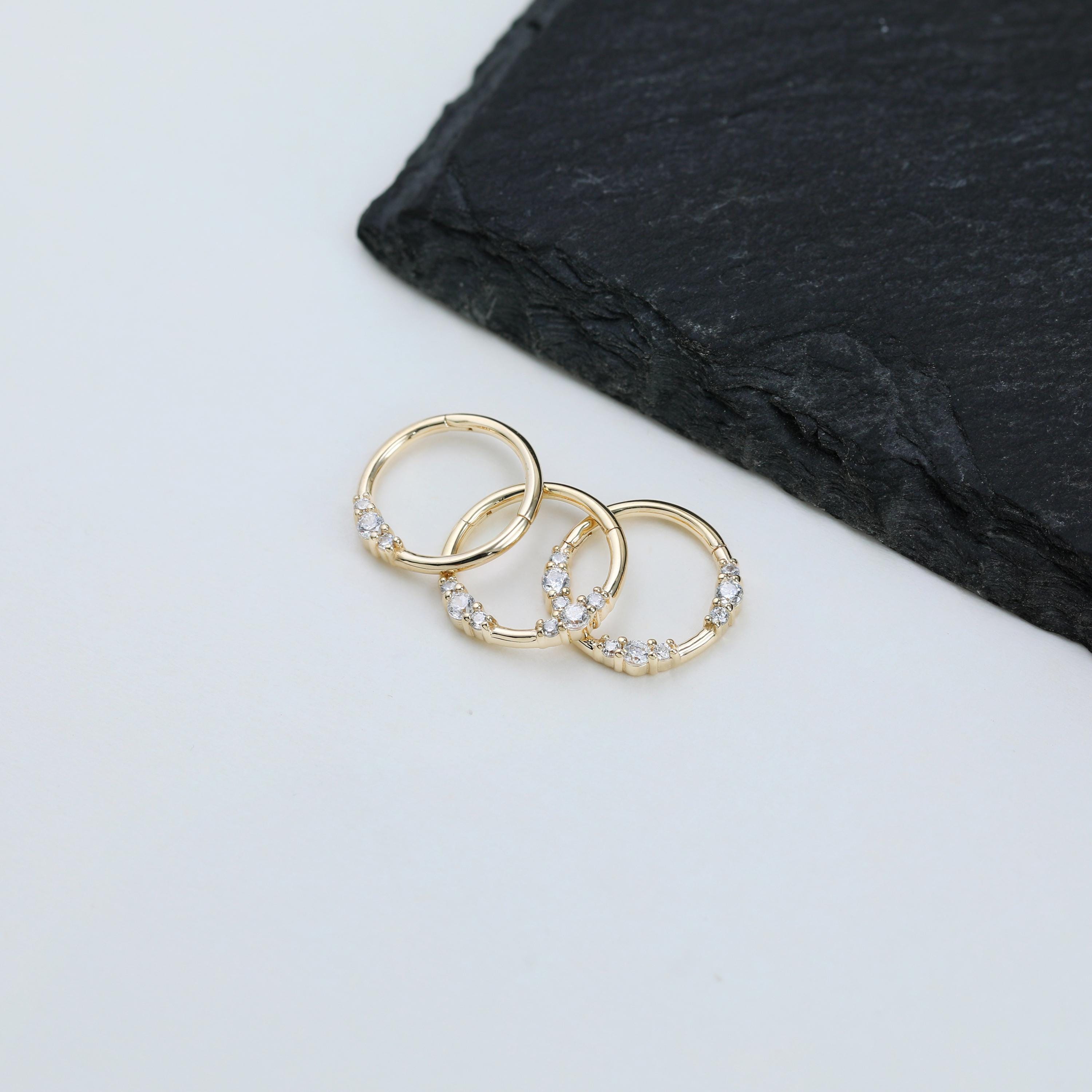 14K Solid Gold Cluster Helix Hinged Hoop Dainty Cubic Zirconia Septum ...