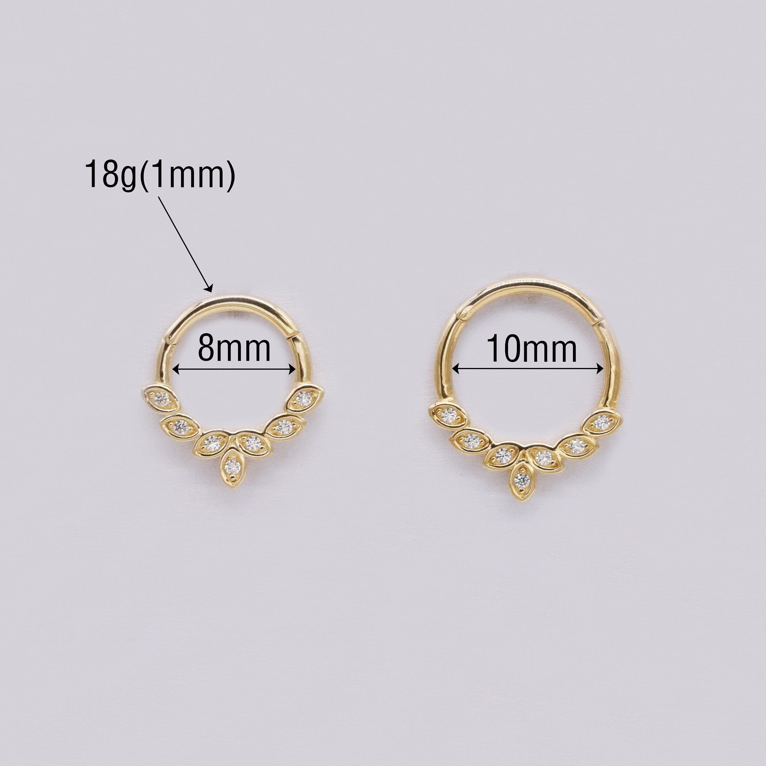 14k Solid Gold Leaf Daith Clicker Marquise CZ Hinged Hoop Gold Septum ...