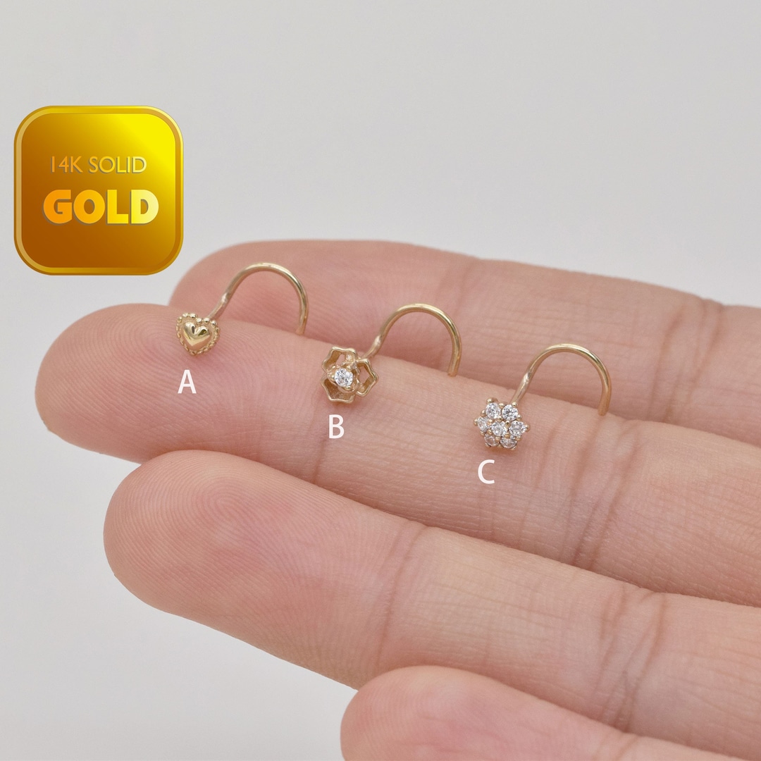14k Solid Gold Flower Nose Stud Heart Nose Stud Screw Back Nose Ring ...