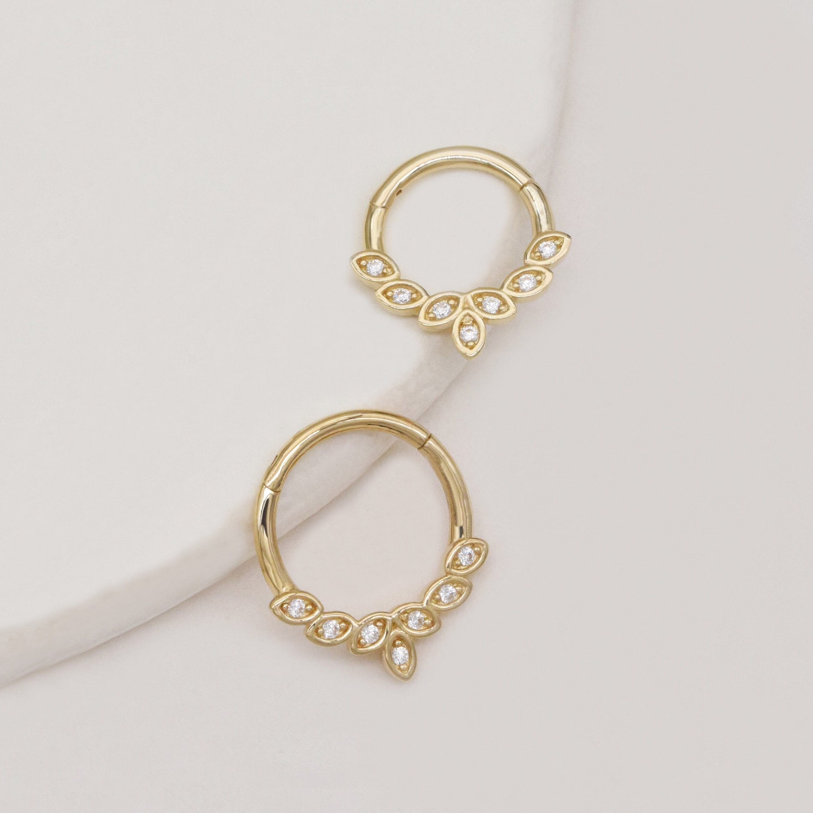 14k Solid Gold Leaf Daith Clicker Marquise CZ Hinged Hoop Gold Septum ...