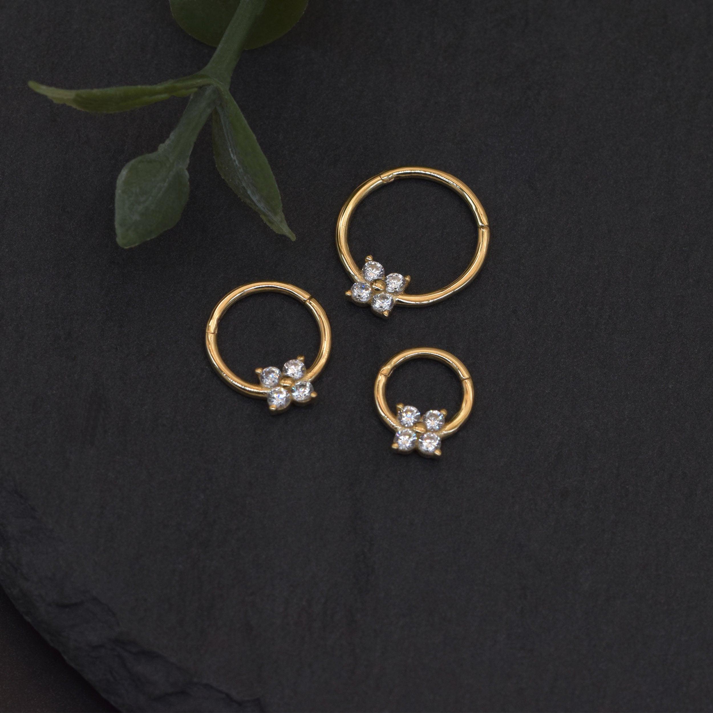 14k Solid Gold Cartilage Flower Hoop Clicker Four Diamond Clicker ...