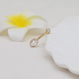 14k Solid Gold Diamond Belly Button Ring Gold Navel Piercing Classic ...