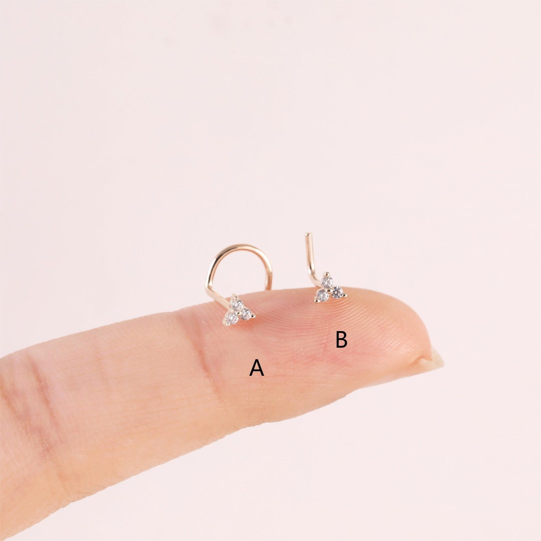 14k Solid Gold Three Stone L-shape Nose Stud Dainty S-shape Minimalist ...