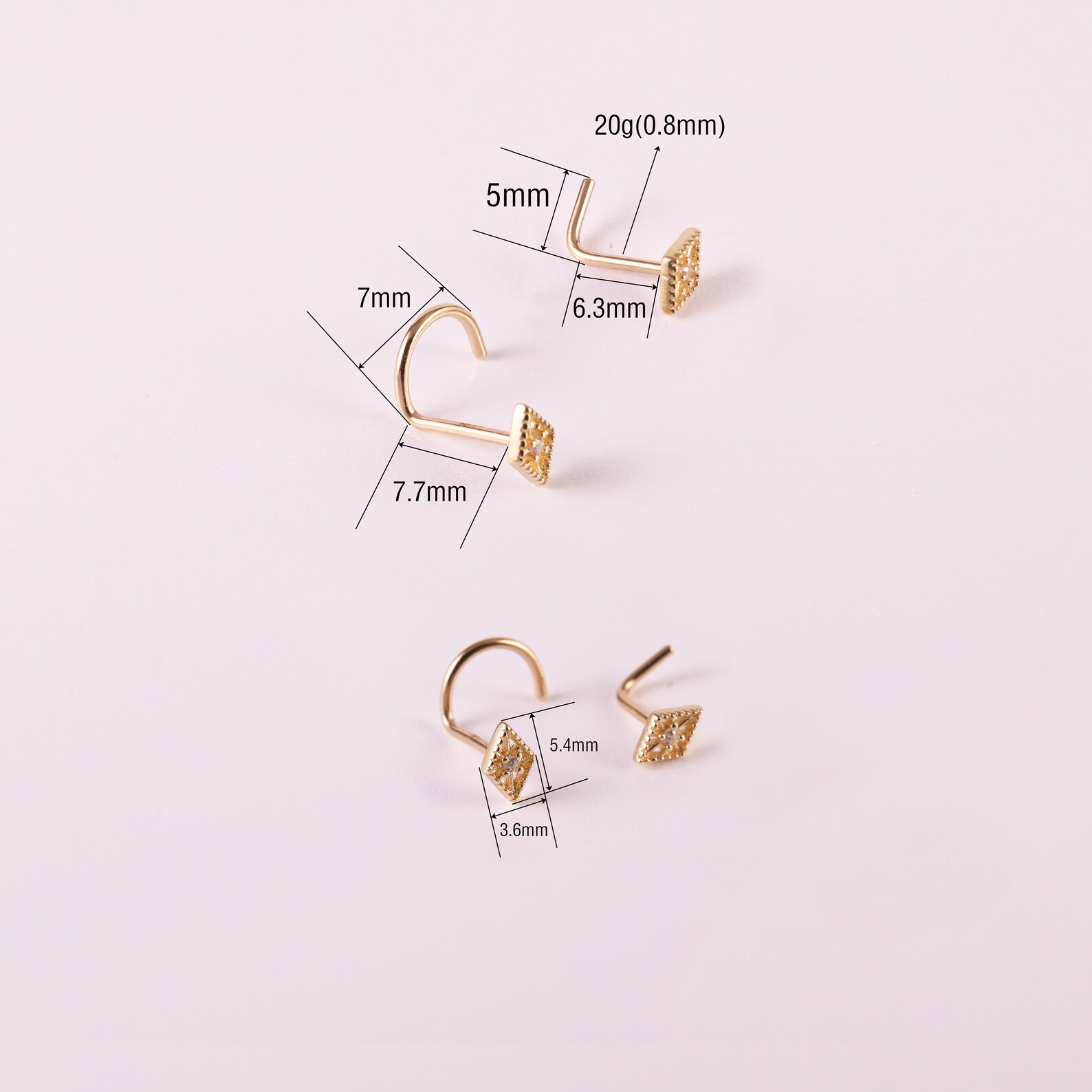 14k Solid Gold Rhombus L-shape Nose Stud Dainty S-shape Nose Piercing ...