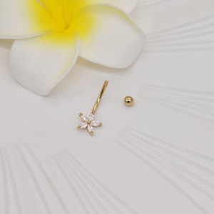 14k Solid Gold Flower Rook Earring Five Petals Earring Piercing Gold Navel Piercing CZ Belly ...