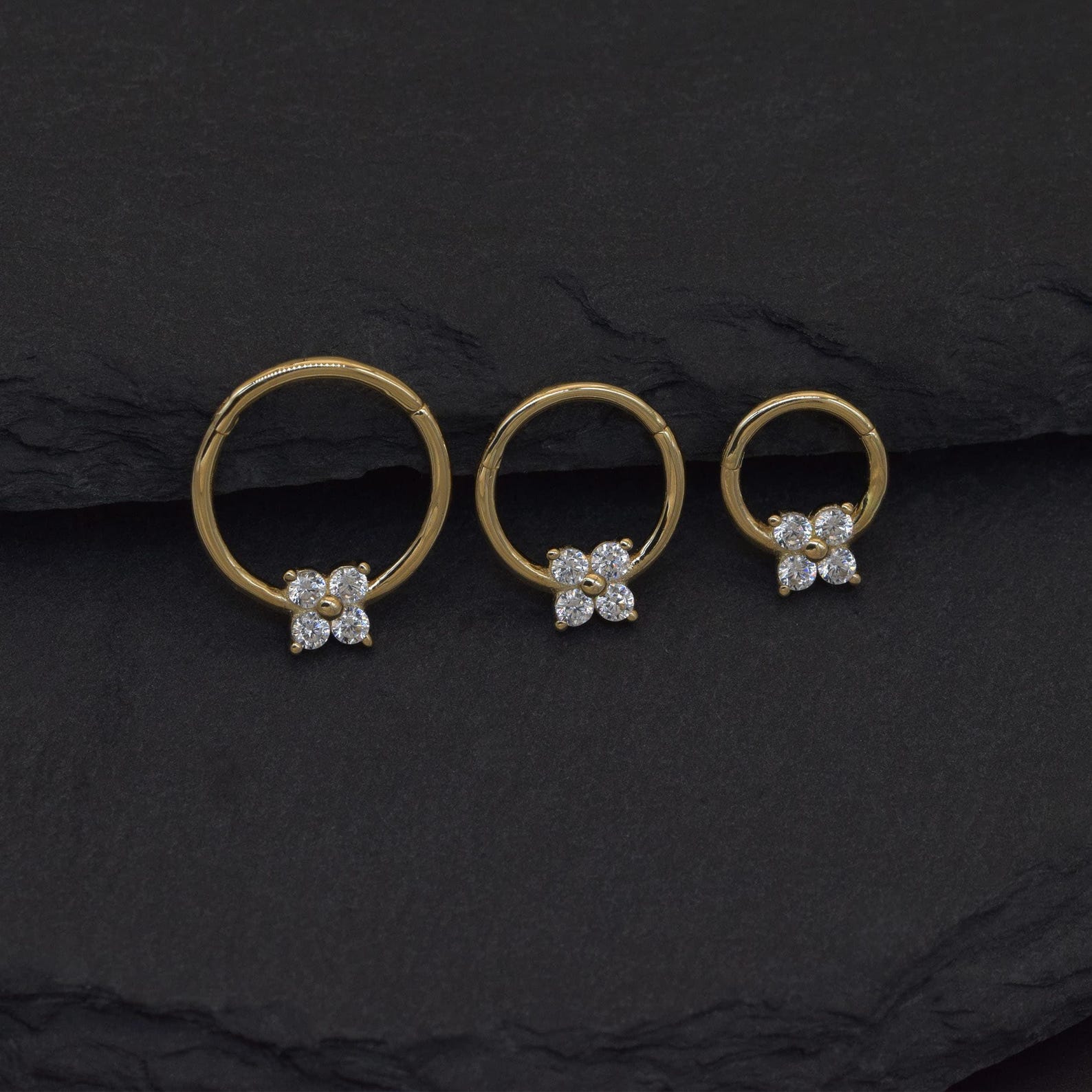 14k Solid Gold Cartilage Flower Hoop Clicker Four Diamond Clicker ...