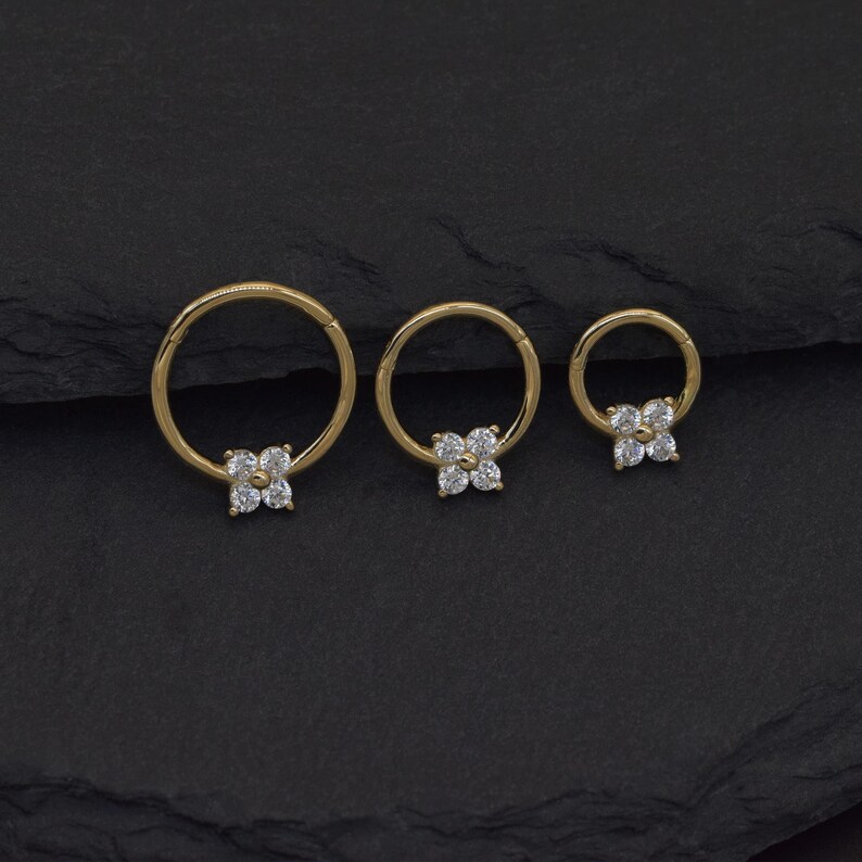 14k Solid Gold Cartilage Flower Hoop Clicker Four Diamond Clicker ...