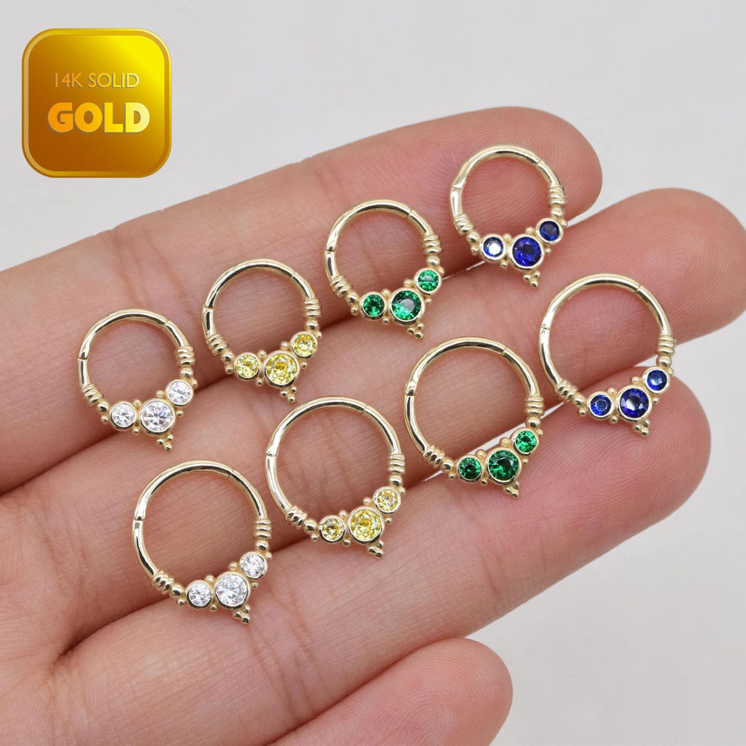 14K Solid Gold Septum Hoop Clicker Nostril Bendable Ring Colorful Cartilage Tragus Daith ...