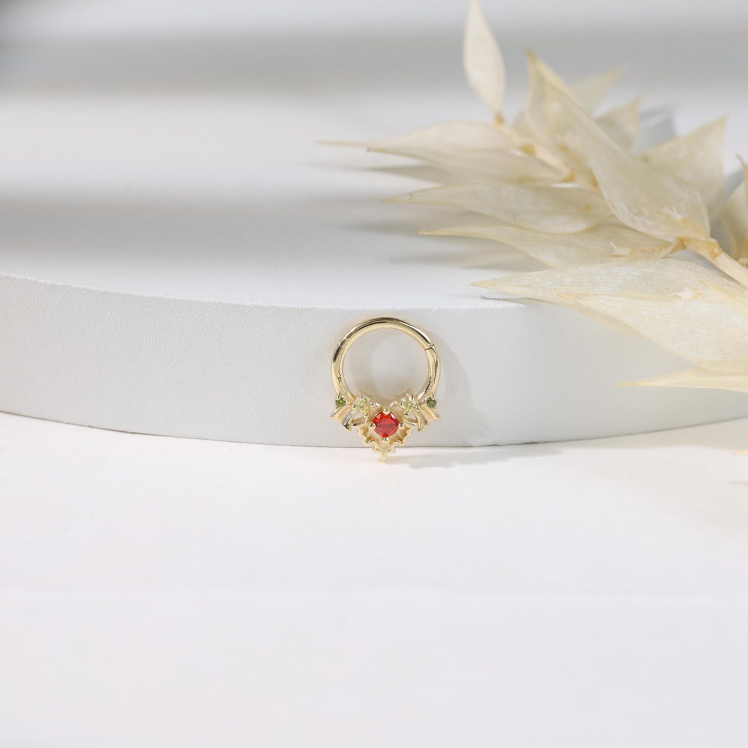 14k Solid Gold Cluster Septum Ring/hinged Nose Ring/gold Daith Conch ...