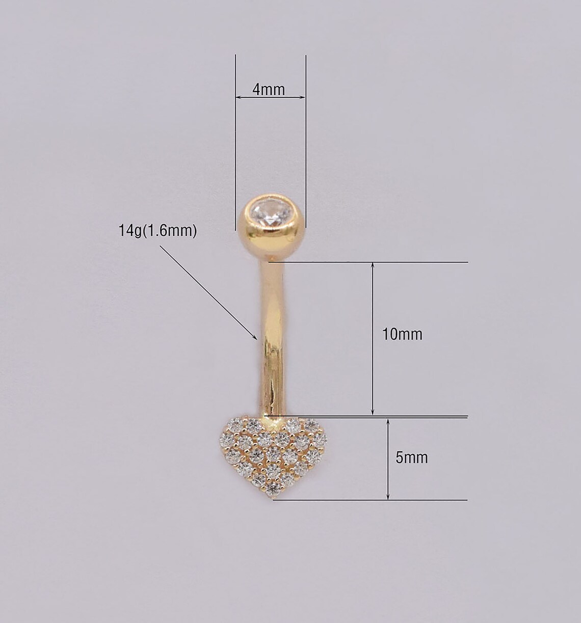 14k Solid Gold Heart Shape Belly Button Ring Navel Piercing CZ - Etsy