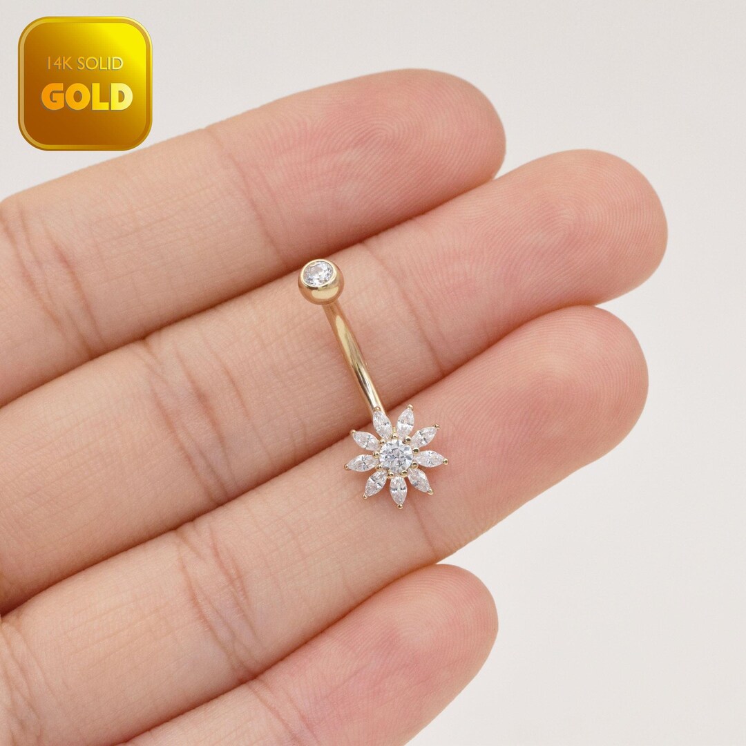 14k Solid Gold Flower Belly Button Ring Sunflower Diamond Navel ...