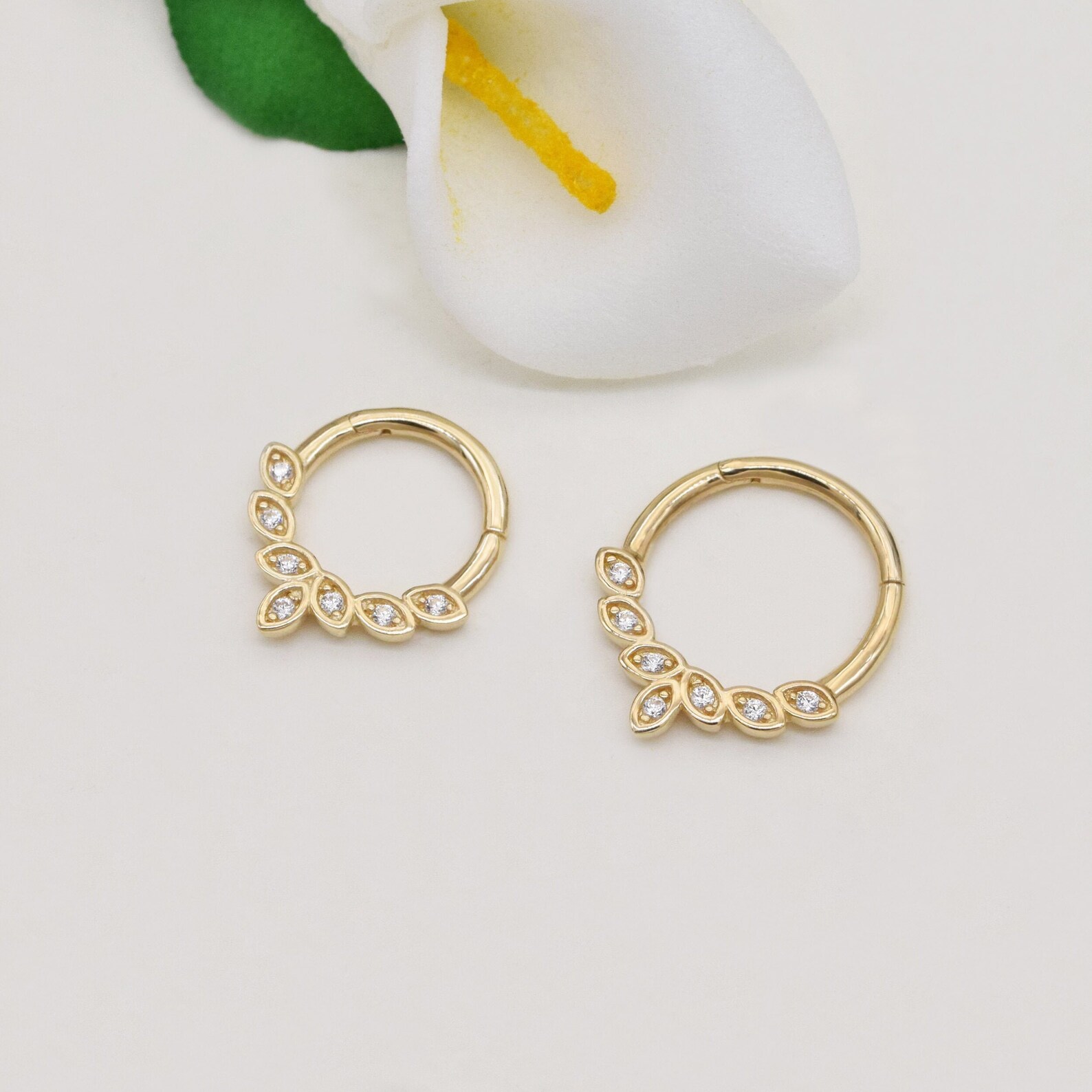 14k Solid Gold Leaf Daith Clicker Marquise CZ Hinged Hoop Gold Septum ...