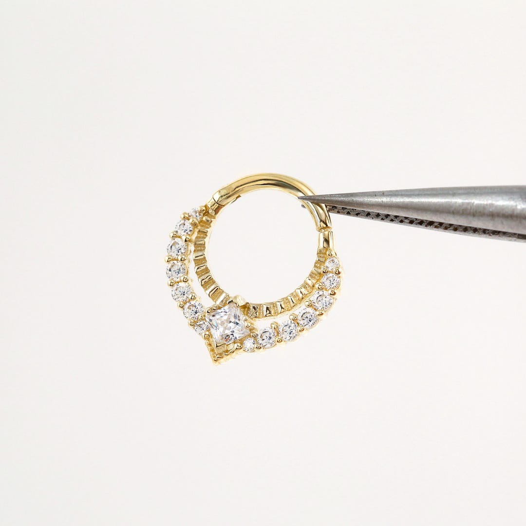 14k Solid Gold Double Row Septum Ring Hinged Clicker Hoop Embossed ...