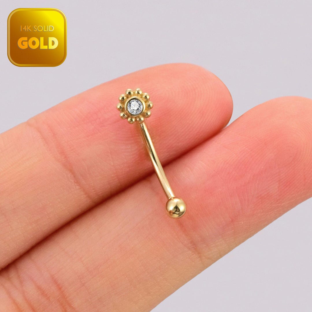 14k Solid Gold Sunflower Rook Piercing Gold Curved Barbell Sun Eyebrow ...