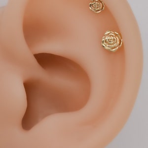 14k Solid Gold Rose Flower Stud Earring Helix Rose Earring Conch Tragus Earring Minimalist ...