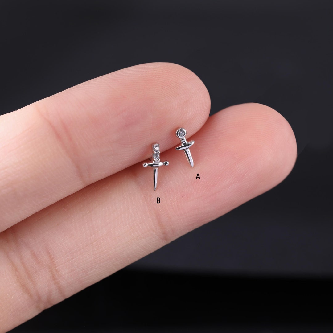 14K Solid White Gold Sword Cartilage Stud, Gold Cartilage Flat Back ...