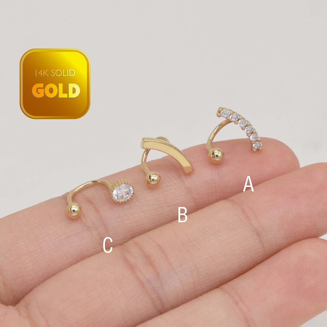 14k Solid Gold U Shape Double Hole Screw Ball Ear Piercing Open Huggie Earring Tragus Helix ...