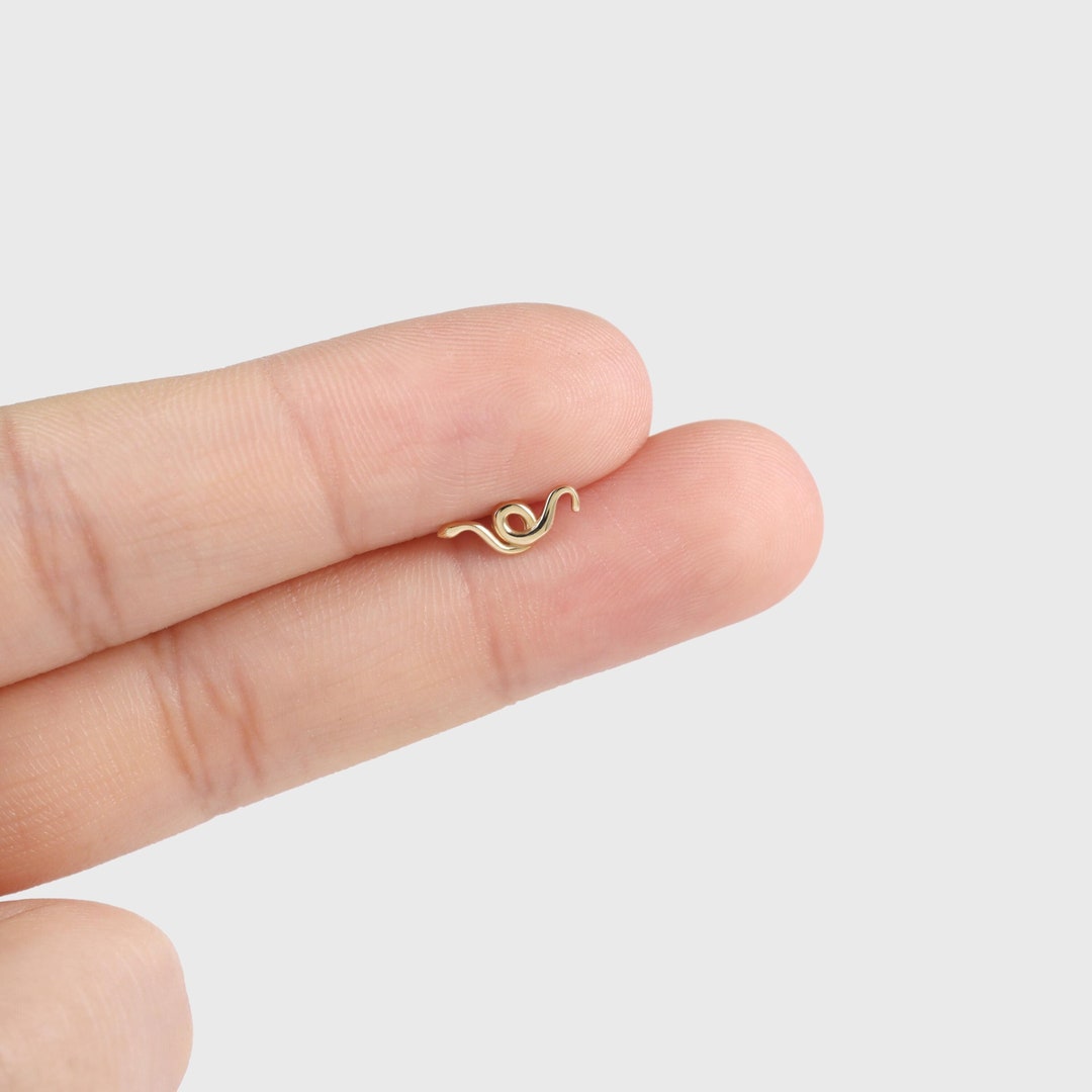 14K Solid Gold Snake Stud Earring Tiny Cartilage Piercing Tragus Helix ...