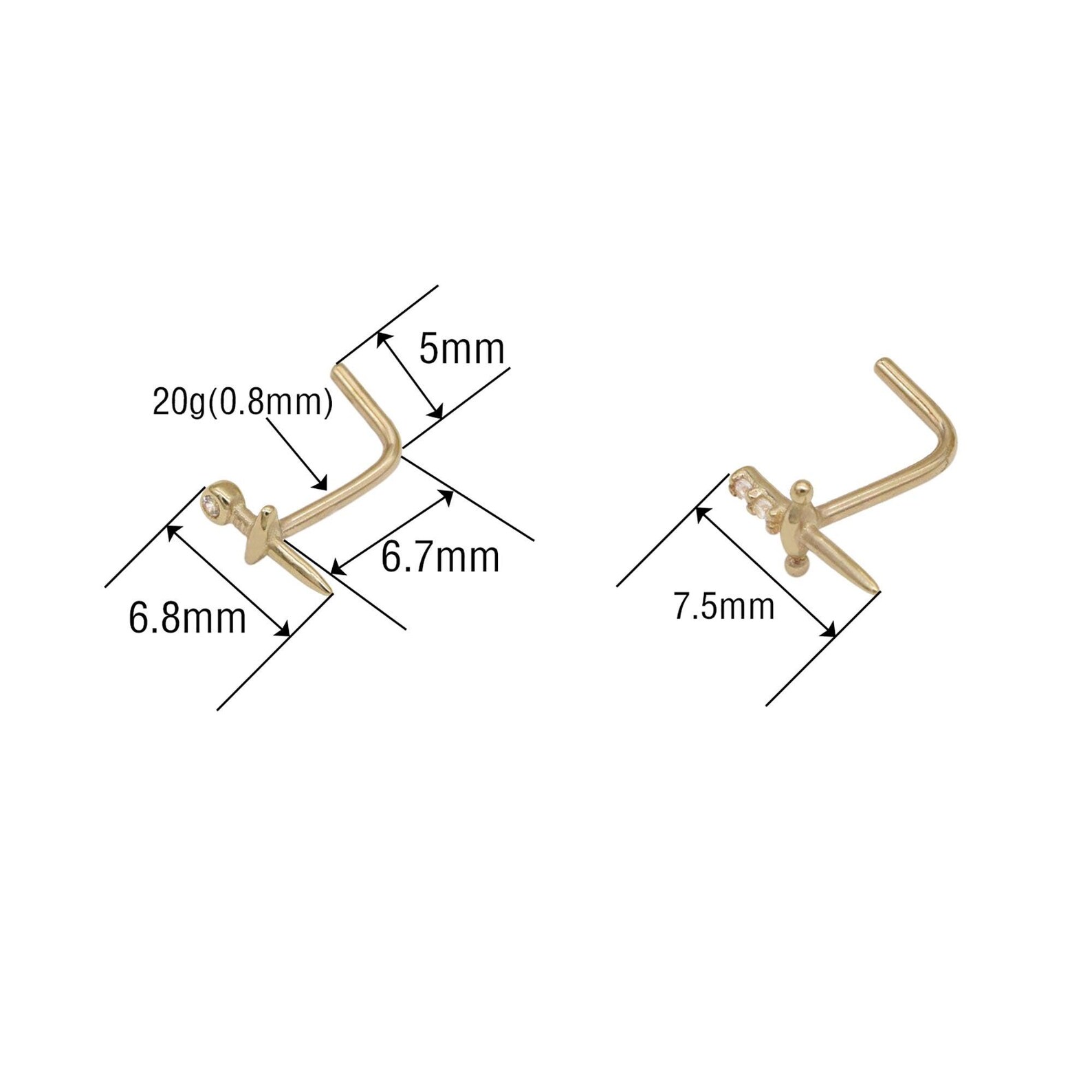 14k Solid Gold Sword Nose Stud Dagger Nose Ring Tiny Nose Stud L Shape ...