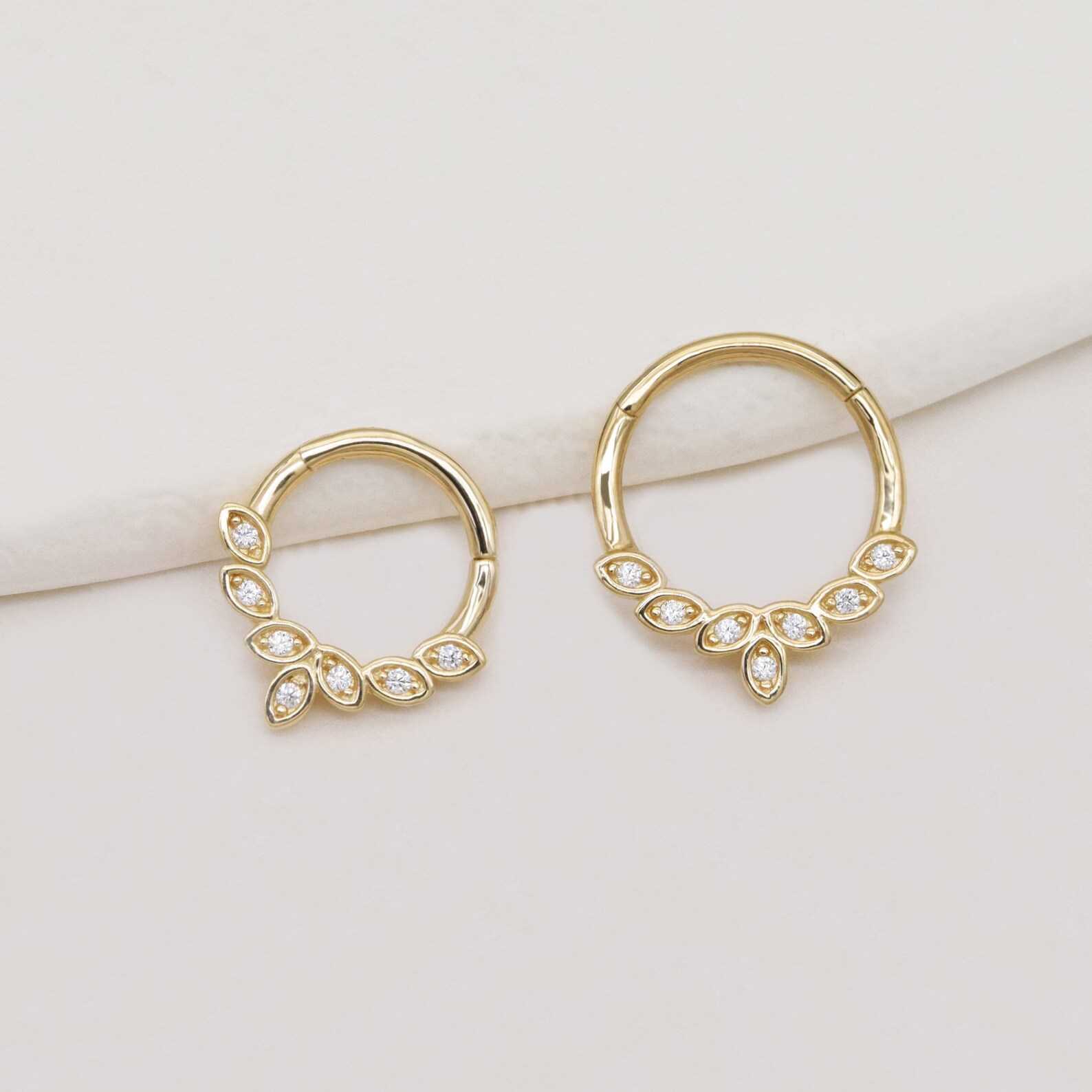 14k Solid Gold Leaf Daith Clicker Marquise CZ Hinged Hoop Gold Septum ...