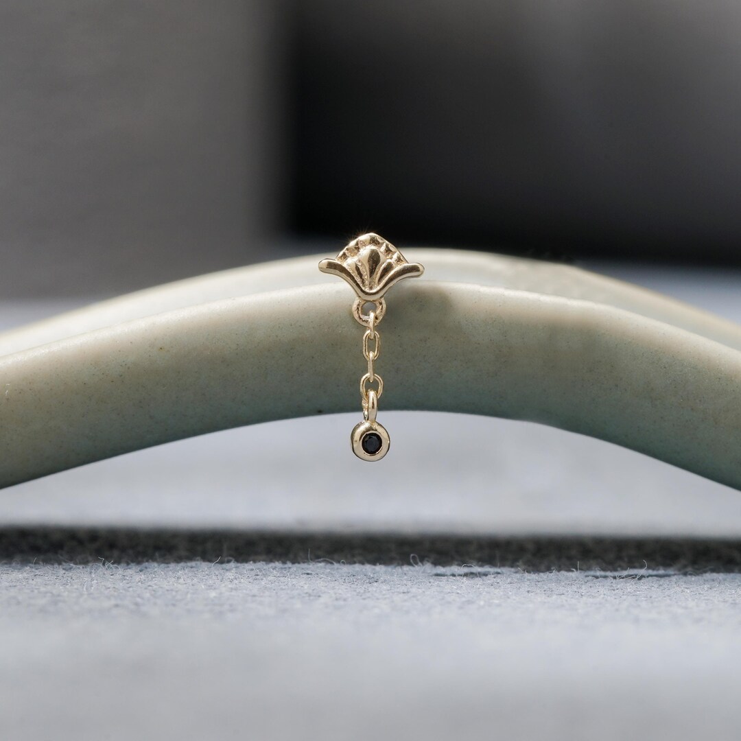 14k Solid Gold Dangle Black Spinel Stud Gold Shell Cartilage Piercing Tragus Helix Earring Conch ...