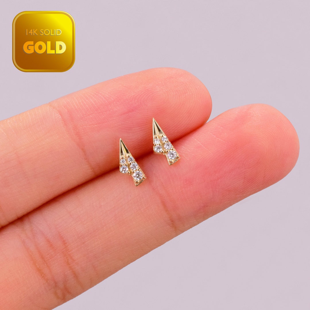14k Solid Gold Arrow Shape Stud Earring Gold Cartilage Earring Conch Piercing Helix Stud Tragus ...