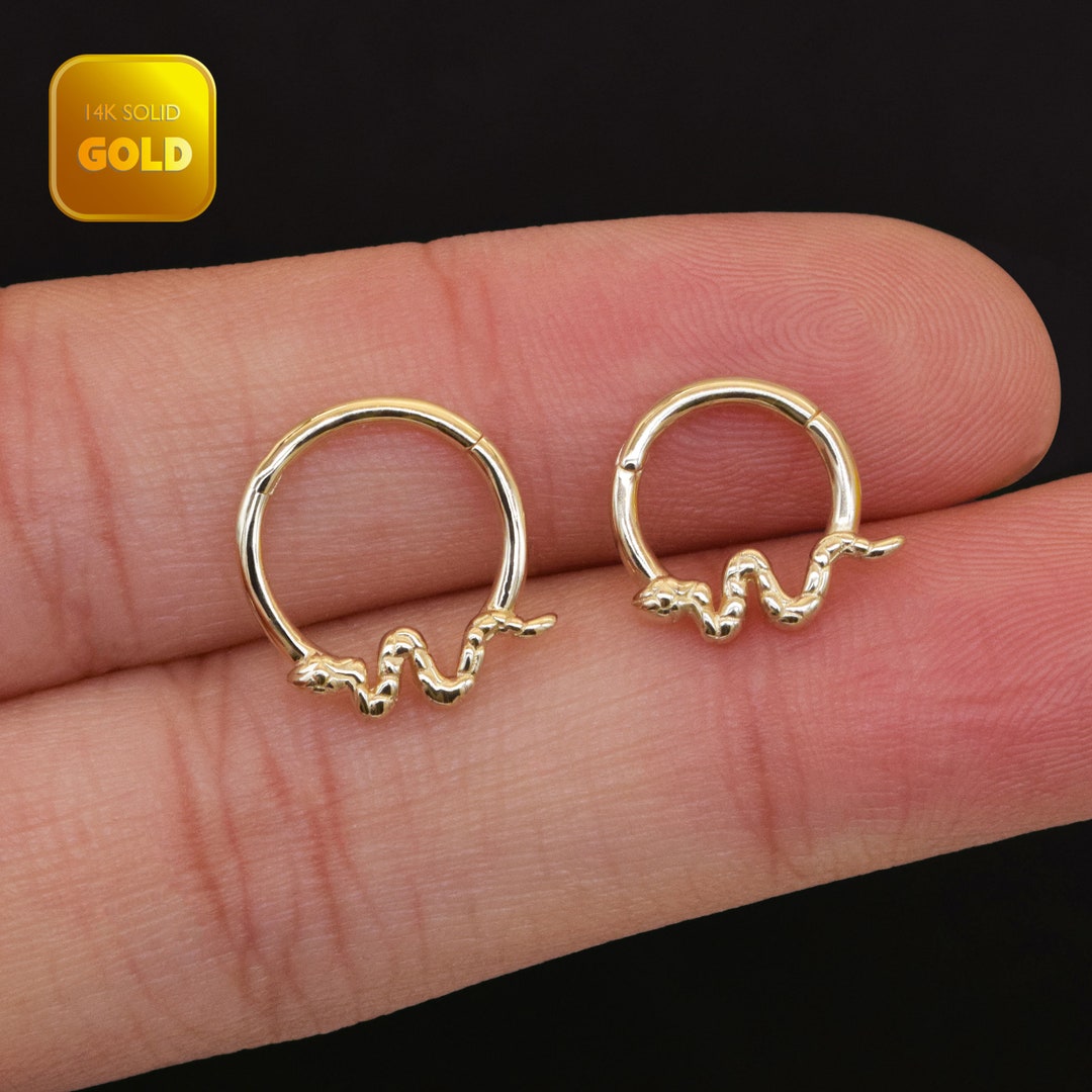 14K Solid Gold Snake Septum Ring Huggie Earring Snake Clicker Hoop Nose ...