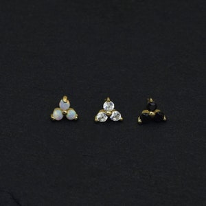 14k Solid Gold Opal Stud Earring Black Flower Cartilage Stud Threadless ...