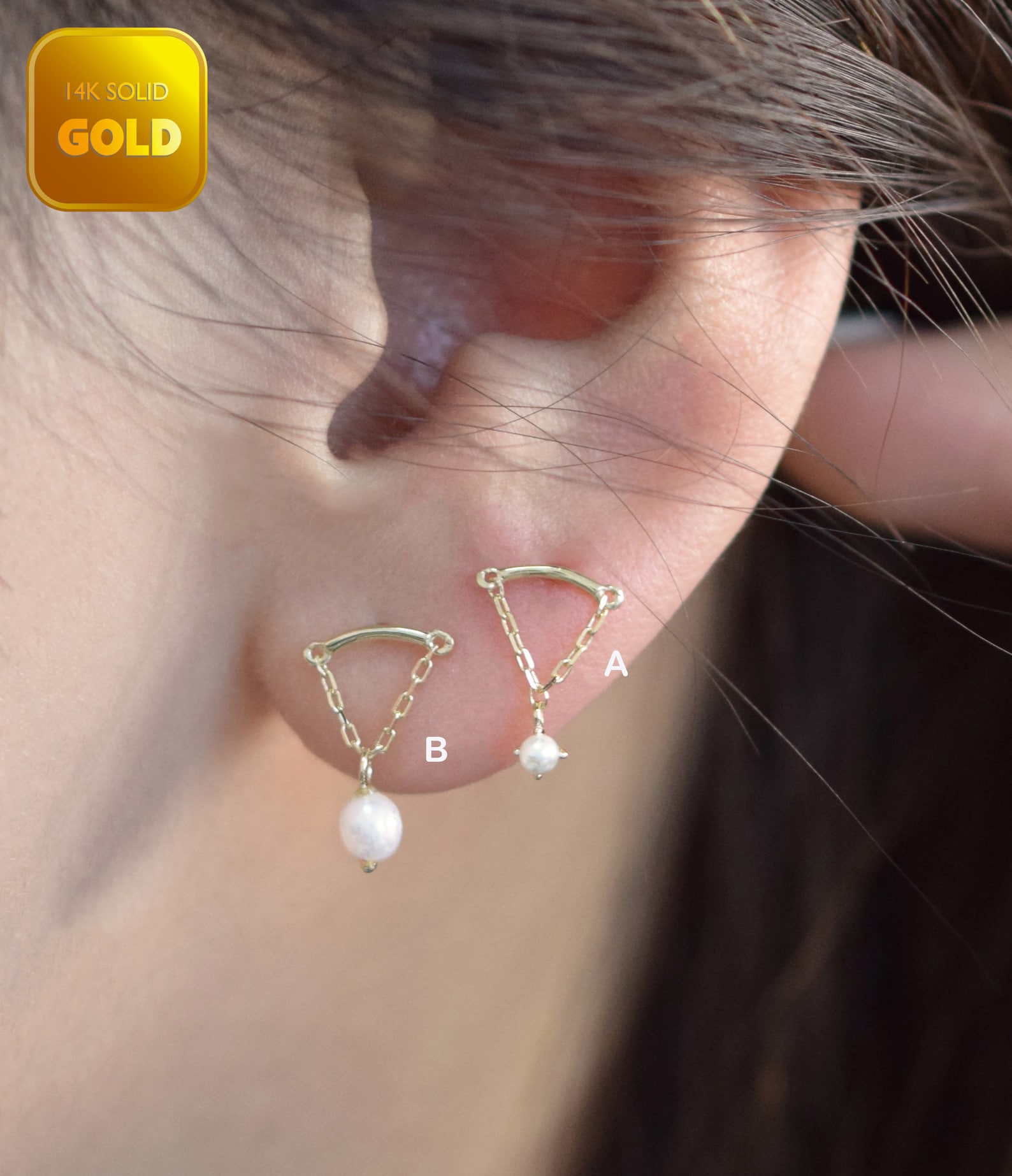 14k Solid Gold Pearl Drape Chain Stud Earring Helix Chain Stud Conch ...