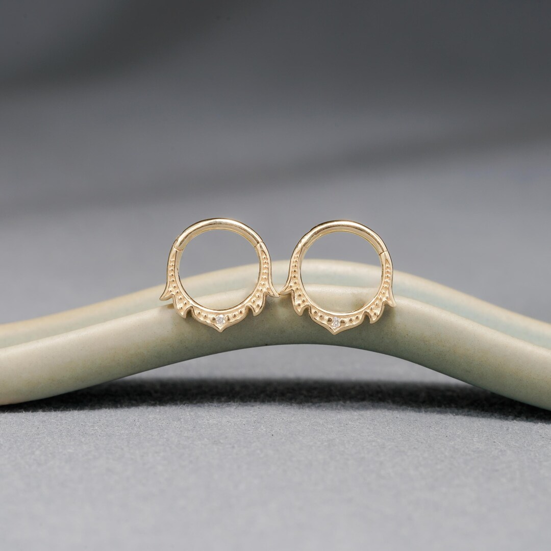 14K Solid Gold Diamond Septum Nose Clicker Ring Gold Hinged Earring Hoop Daith Ring Helix ...