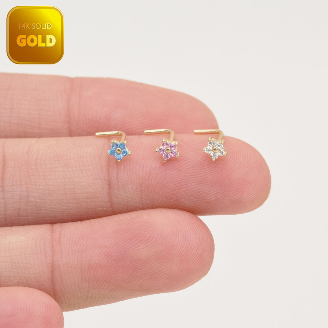 14k Solid Gold Flower Nose Stud Flower L Shape Nose Stud Pink Blue Nose ...
