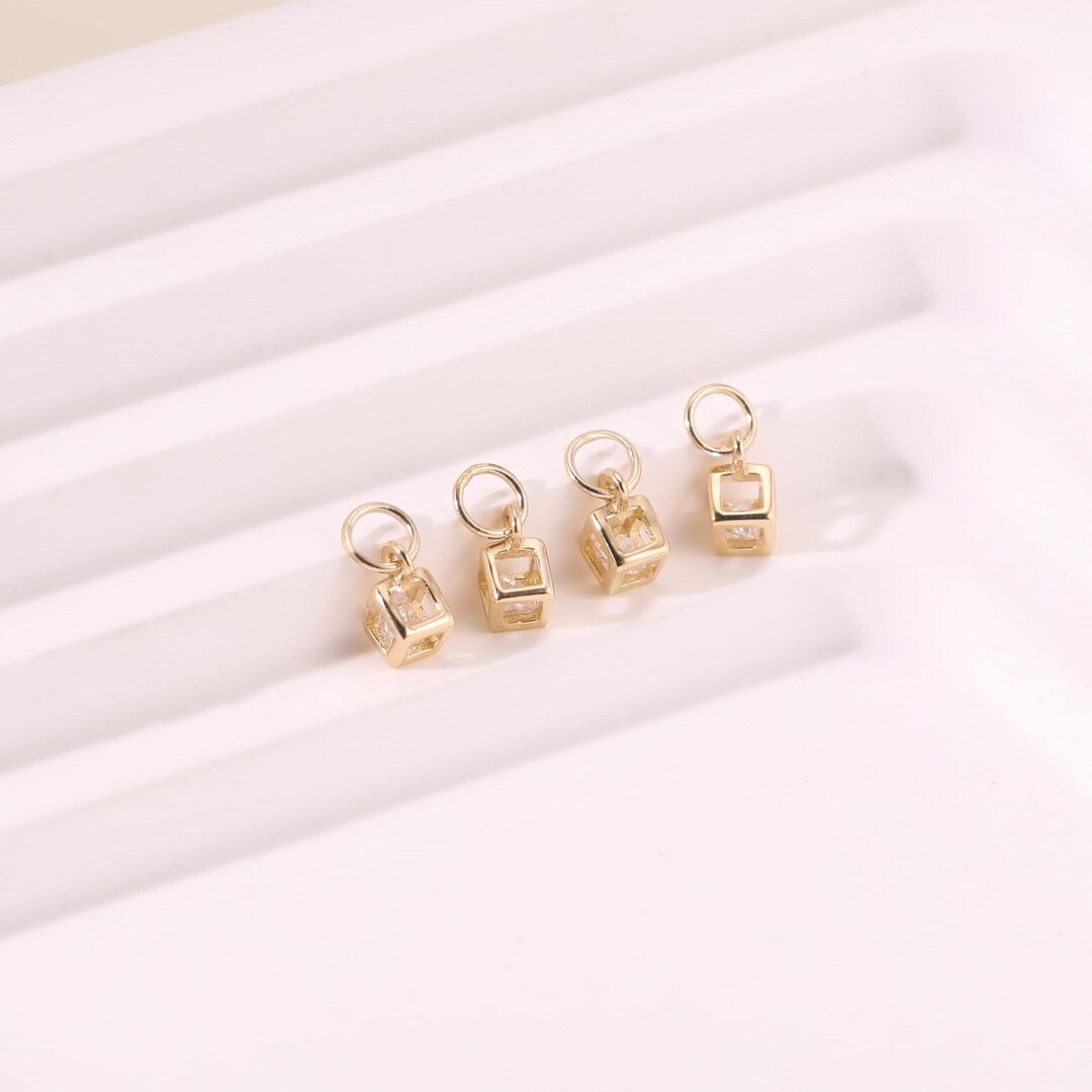 14k Solid Gold Cube Charm Moving Inside CZ Cube Charm Tiny Hollowed ...