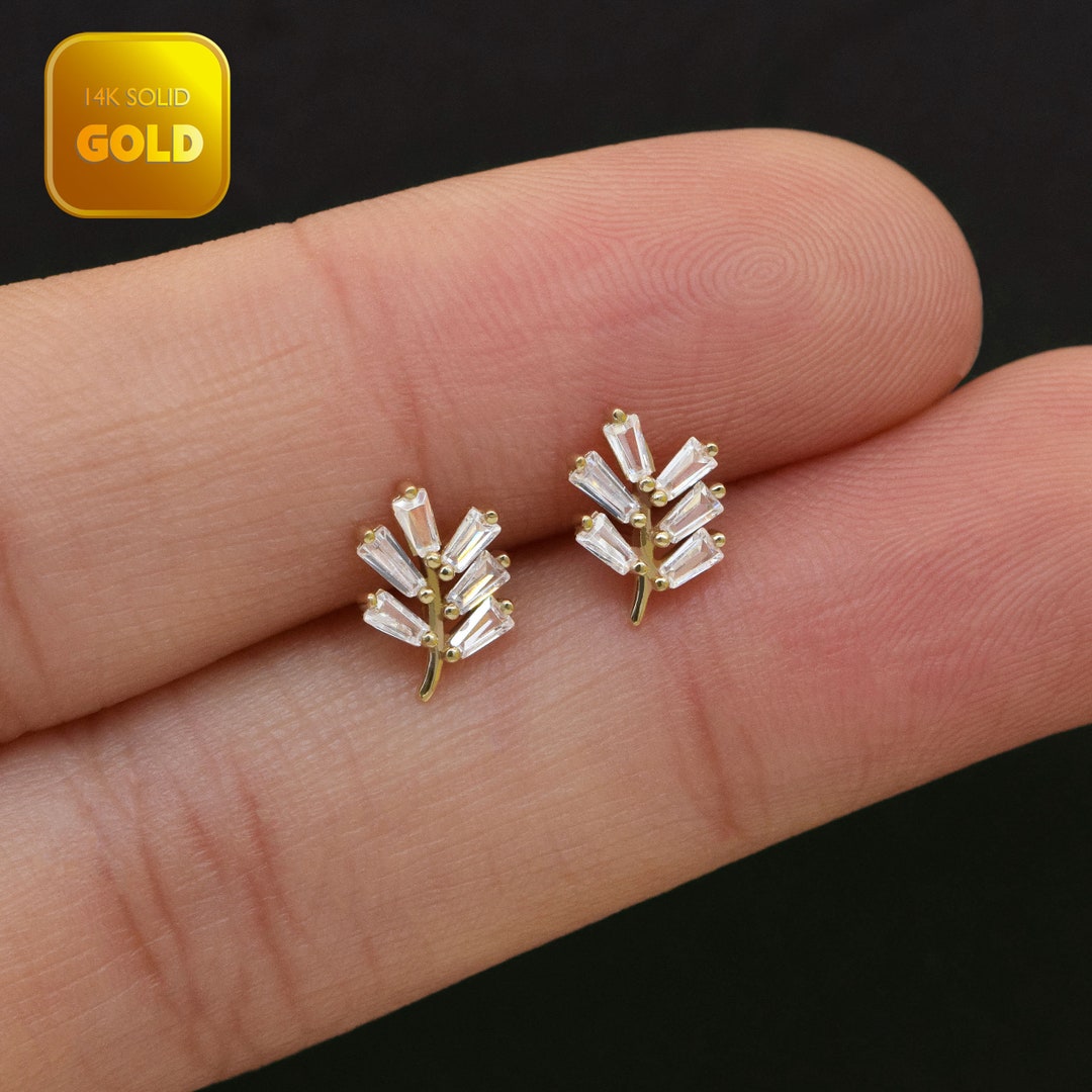 14k Solid Gold Leaf Stud Earring Baguette Cartilage Earring Helix Stud Conch Earring Tragus ...