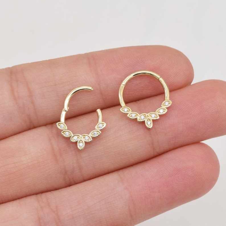 14k Solid Gold Leaf Daith Clicker Marquise CZ Hinged Hoop Gold Septum ...