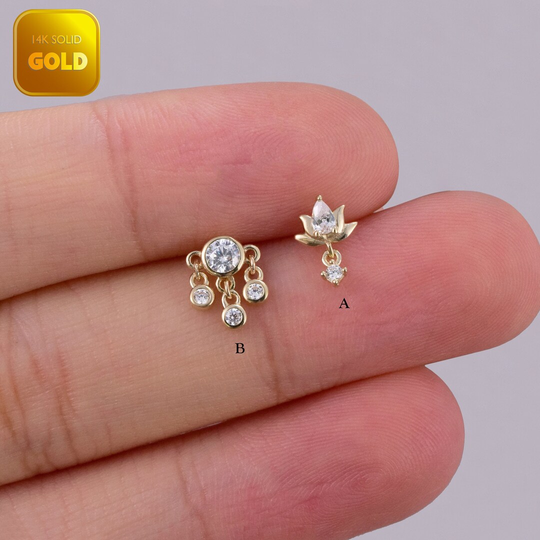 14k Solid Gold Threadless Triple Dangle Bezel Set Round CZ Cartilage ...