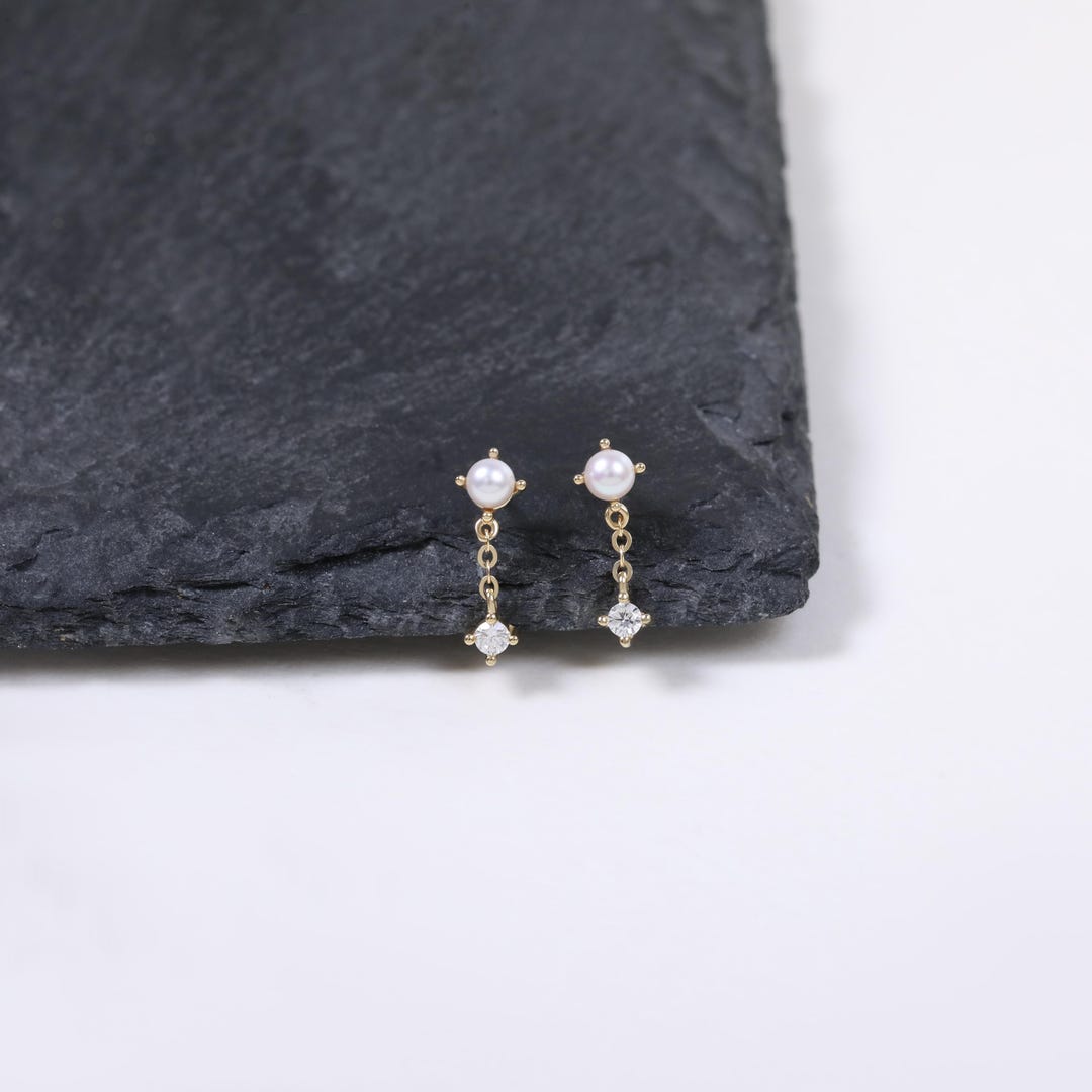 14K Solid Gold Pearl Dangle Helix Stud Earring, Delicate CZ Earlobe ...