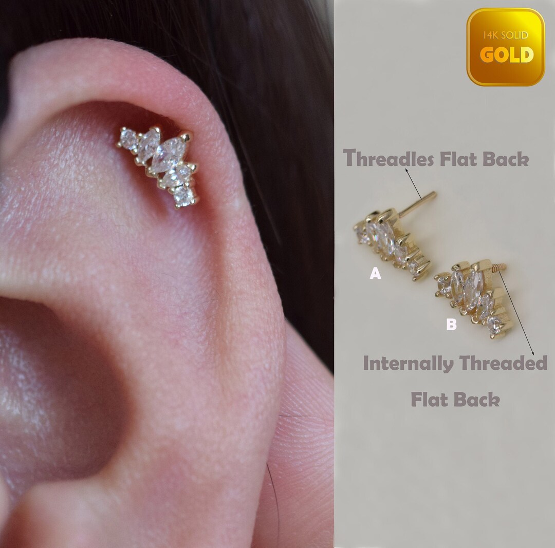14k Solid Gold Climber Threadless Earring Gold Helix Stud Conch Tragus ...