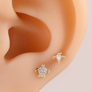 14K Solid Gold Turtle Labret Stud Turtles Stud Earring Threadless Penguin Stud Helix Stud Flat ...