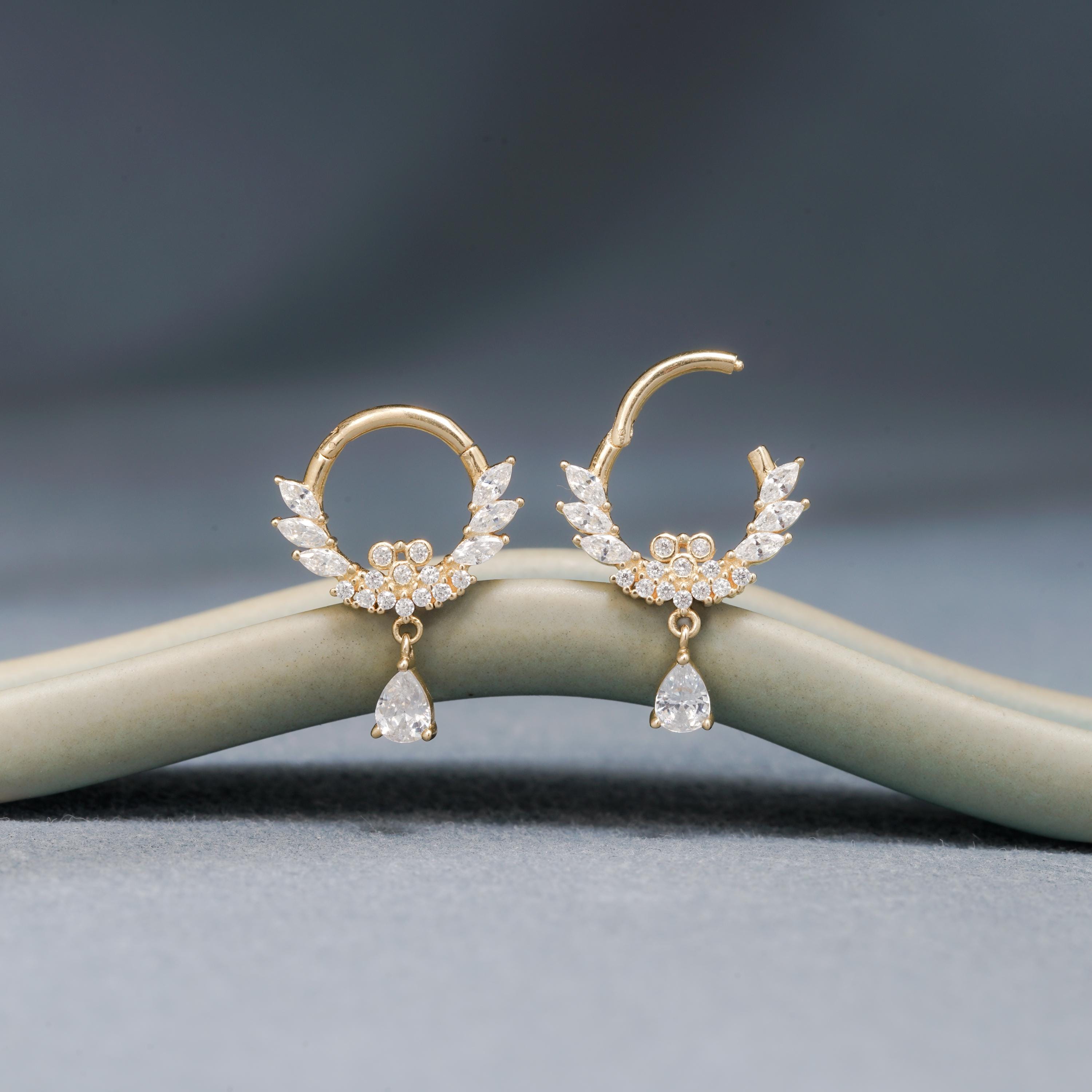 14K Solid Gold Teardrop Dangle Septum Nose Ring Gold Wing Hinged Hoop ...