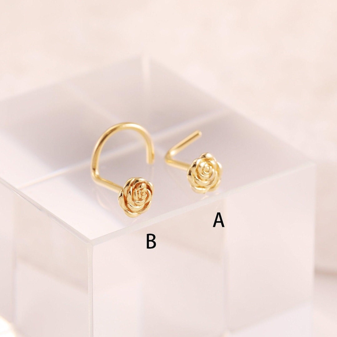 14k Solid Gold Rose Nose Stud, Tiny L Shape Flower Nose Ring, Dainty ...